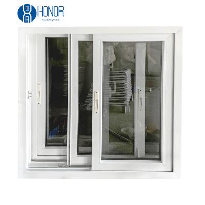 Janela de PVC de vidro duplo, à prova de som, impacto de furacão com design grelhado e mosquiteiro