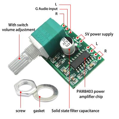 중국 GF1002 PAM8403 오디오 증폭기 보드 USB 전원 및 잠재량 측정기 2 채널 2.0 판매용