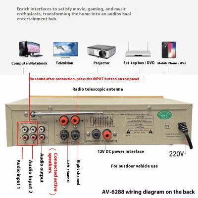 China AV-6288BT 1000W 2*500W High Fidelity Karaoke Amplifier Dual-Use 12V/220V AC/DC BT Wireless Plastic Material for sale
