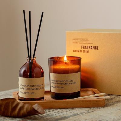 China Private Label Wooden Pallet Matches Soy Wax Scented Candles Reed Diffuser Gift Set for sale