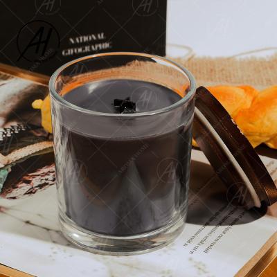 China Transparent Glass Jar Brown Lid Cross Wooden Wick Soy Wax Scented Candle Black for sale