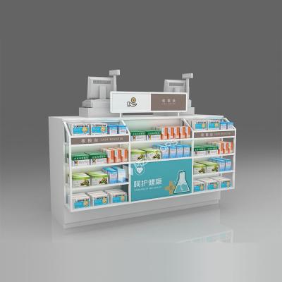 China 1600mm Retail Pharmacy Shelving Display Counter Cabinets Fixtures for sale