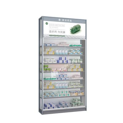China ODM Modular Pharmacy Shelving Glass Cabinet Chemist Shop Racks Display Showcase for sale