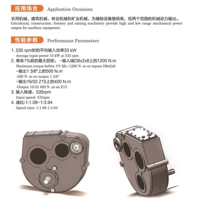 Transfer Case for Agricultural Machinery Provide High and Low Range Mechanical Power Output for Auxiliary Equipmnt