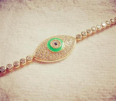 China Sterling Silver Evil Eye Jewelry Green Enamel Eye Gold Plated Bracelet 7 Inch for sale