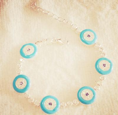 China 925 Jewish Symbols Evil Eye Jewelry Light Blue Enamel Tennis Silver Bracelet for sale