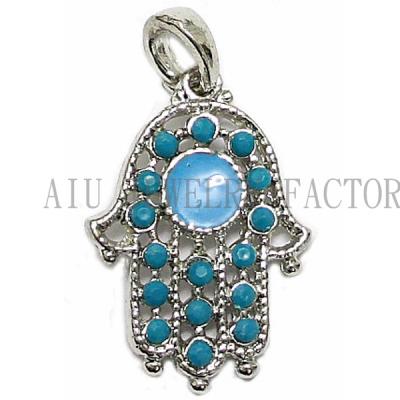 China Blue Bead Hamsa Hand Pendant Fatima Hamsa 25mm Cubic Zirconia Stone for sale