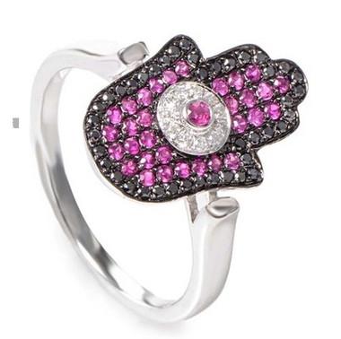 China Solid Silver Hamsa Hand Jewelry Cubic Zirconia Fatima Hand Evil Eye Ring for sale