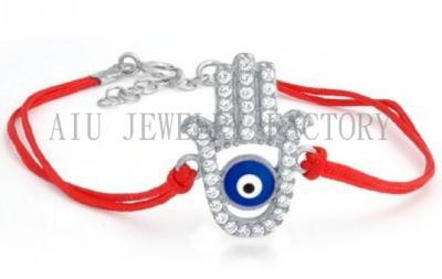 China Zircon Red Handmade String Bracelet Evil Eye Hamsa Solid Silver Plating for sale
