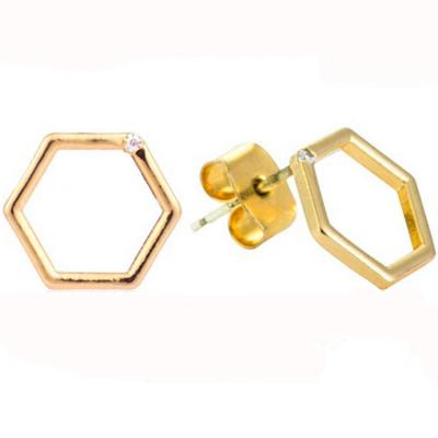 China Yellow Gold Silver Base 12mm Hexagon Shaped Geomatric Stud Earring for sale