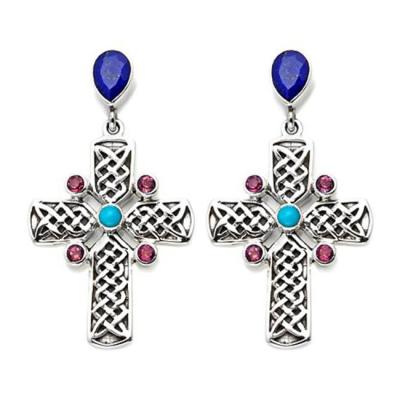 China Antique Silver Stylish Earrings with Brass Lapis Lazuli Irish Celtic Cross for sale