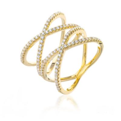 China Criss Cross Ladies Fashion Rings Zircon Paved Double Gold Plated for sale