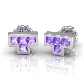 China Square Stone Stylish Earrings zircon bezel setting silver Tetris ear stud for sale