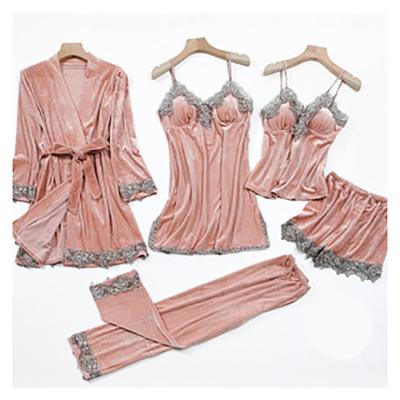 China Flannel Pajamas Ladies Sleepwear 5 Suits Pajamas With Lace Edge Long Sleeves Long Pants Womens Clothing Sleepwear for sale