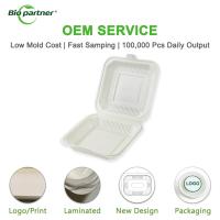 China Disposable 450ml Biodegradable Sugarcane Bagasse Clamshell Container Freezer Safe for sale