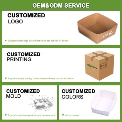 Cina OEM Logo Bio Degradable Food Packaging Kraft Paper Food Tray for Disposable Takeaway in vendita