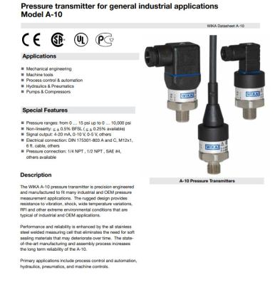China Industrial Environments Wika Pressure Transmitter A-10 Measuring Medium Gases / Liquids OEM ODM for sale