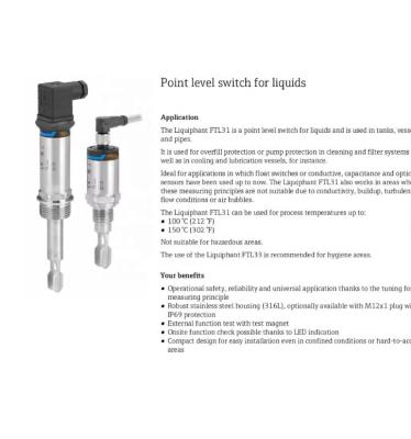 China Interruptor de detección de nivel Liquiphant FTL31 de Endress+Hauser con 20-253V CA/CC de 2 hilos -40°C a 150°C de temperatura de proceso y >0.7g/cm³ de densidad mínima en venta
