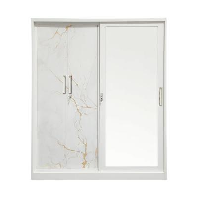 China Fashionable Steel Kd Structure Lockable Clothes Sliding Door Cabinet Bedroom Printed Storage Wardrobe With Mirror for sale