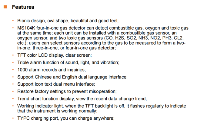 MS104K portable gas detector front view showing display and controls