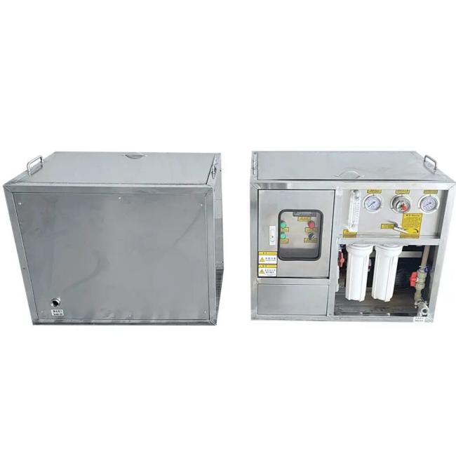Small laboratory desalination device showing compact seawater purification system with control panel