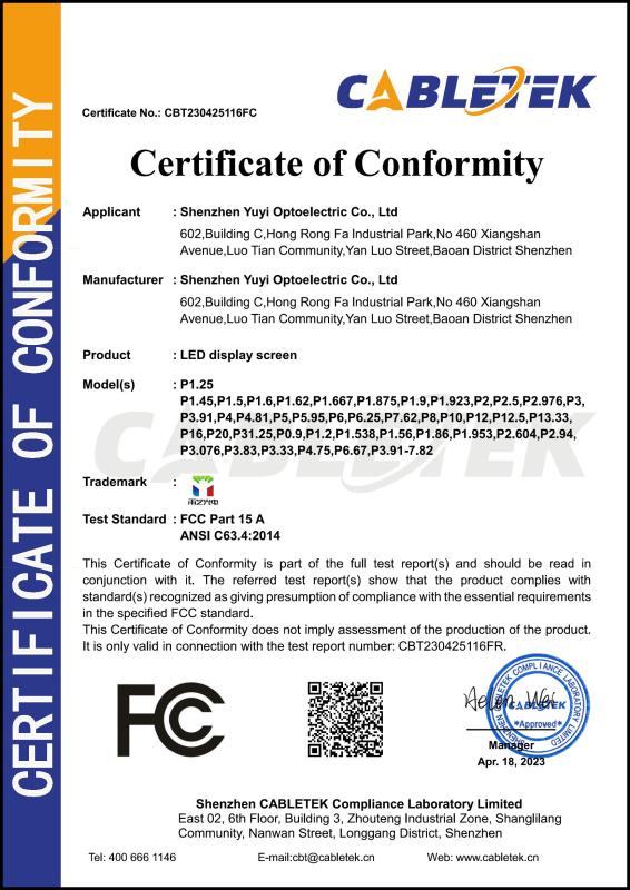 Certificate of Conformity - Shenzhen Yuyi Optoelectronic Co.,ltd.