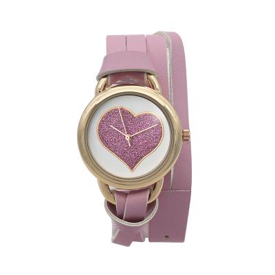 China Pink leather strap ladies watches With heart dial , quartz wrist watch for sale