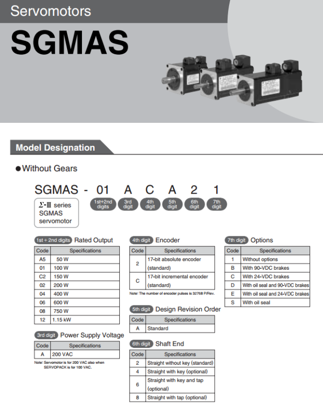 50W 200V Industrial Servo Motor With 17bit Absolute Encoder SGMAS A5A2A2C 0