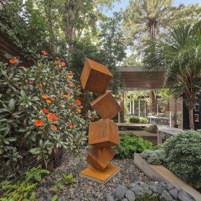 China Modern Outdoor Garden Cube Tower Sculptures Rusty Abstract Corten Steel Metal Welding Technique for sale