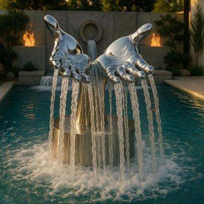 China Large Modern Stainless Steel Mirror-Finish Hands Fountain Sculpture for sale