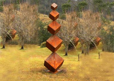 China Large Decor Cube Shape Metal Garden Sculptures Corten Steel Rusty Finish for sale