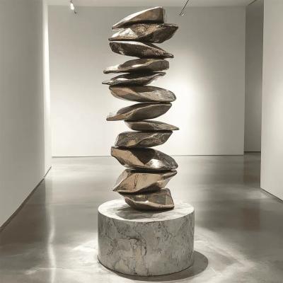 China Contemporary Balanced Rock Stainless Steel Sculpture with Marble Pedestal for Hotel Lobby & Gallery Decor for sale