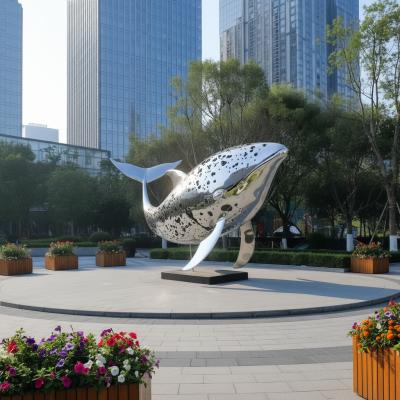 China Modern Large Outdoor Stainless Steel Whale Sculpture with Mirror Polished & Dotted Surface for Garden Park Plaza Art Decoration for sale
