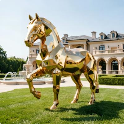 China Luxury Gold Geometric Horse Statue Life Size Modern Stainless Steel Sculpture for Villa Garden & Hotel Lobby Decor for sale
