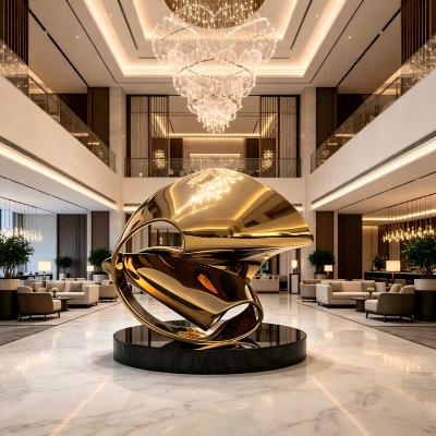 China Titanium Gold Polished Stainless Steel Abstract Ring Sculpture with Black Granite Base | Modern Large Outdoor & Indoor Luxury Metal Art Statue for sale