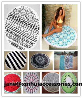 China Luxury velour round beach towel with tassels customize design reactive print small MOQ for sale