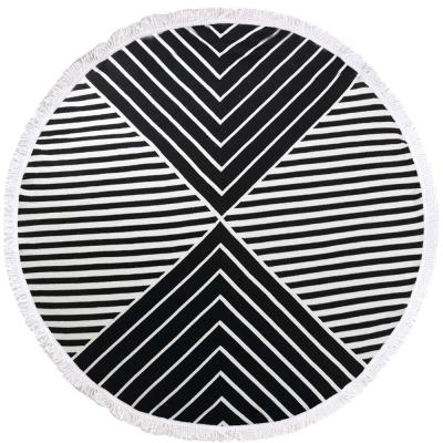 China Hot sell 100% Cotton Tassels Round Swimming Beach Towel Black White Stripe Circle Beach Towel for sale