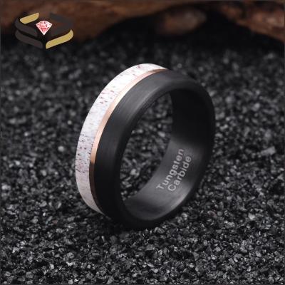 China 8mm Black Tungsten Ring with Deer Antler and Rose Gold Strip Inlay The Ultimate Wedding Essential for sale