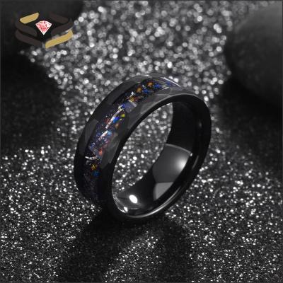 Cina Regalo per l'anniversario Anello di tungsteno martellato nero da 8 mm con intarsio di opale e meteorite in vendita