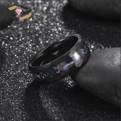 Cina Regalo per l'anniversario Anello di tungsteno martellato nero da 8 mm con intarsio di opale e meteorite in vendita
