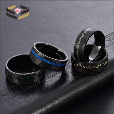 Cina Regalo per l'anniversario Anello di tungsteno martellato nero da 8 mm con intarsio di opale e meteorite in vendita