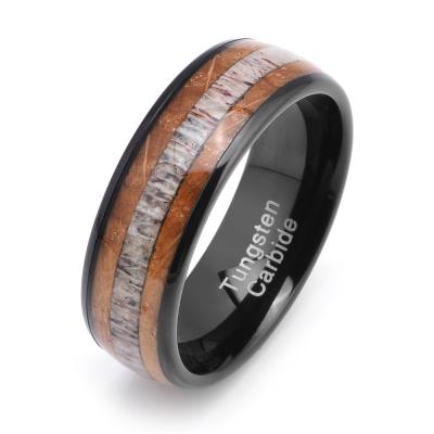 China Unisex 8mm Black Tungsten Wedding Ring with Whiskey Barrel Wood Deer Antler Inlay Comfort Fit Sample Making for sale