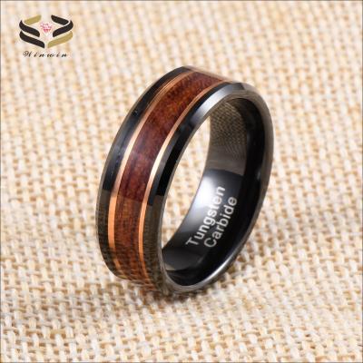 Cina Anello di nozze da 8mm in rosa dorata e in legno di rosa con intarsio nero di carburo di tungsteno per uomini con certificato di valutazione di terzi in vendita
