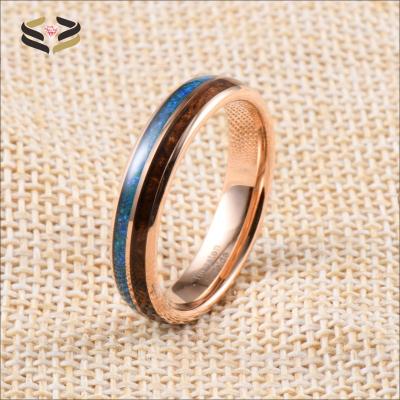 Cina Anello in tungsteno da donna oro rosa 5mm Anniversary Essential con intarsio in legno e dettaglio opale in vendita