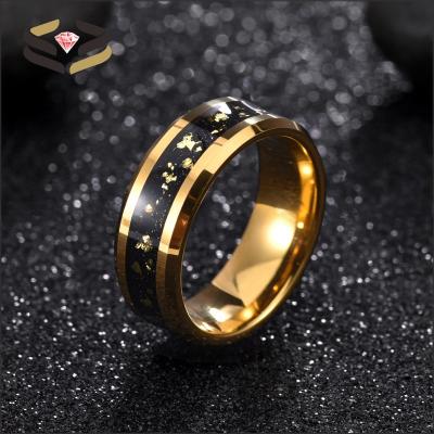 China Round Gold Tungsten Wedding Bands 8mm With Gold Leaf Inlay And Beveled Edges for sale