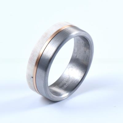 China Unique and Eye-catching 8mm Handmade Natural Deer Antler Ring Inlay Rose Gold Circle Tungsten Wedding Rings for Men for sale