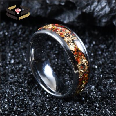 Cina Anello di tungsteno in argento lucido da 8 mm con intarsio di opale e foglio d'oro in vendita