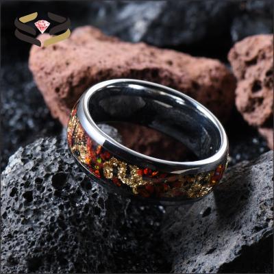 Cina Anello di tungsteno in argento lucido da 8 mm con intarsio di opale e foglio d'oro in vendita