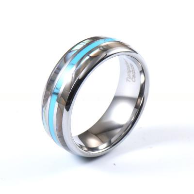 Cina Third Party Appraisal Certified 8mm Abalone Shell Turquoise Inlay Tungsten Silver Wedding Band for Men in vendita