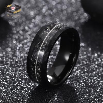 Cina Maschi Nero Tungsteno Meteorite Inlay Wedding Band 8mm Con Forma Geometrica Diamante E Disegno String Guitarra in vendita